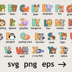 Animals Alphabet Bundle - Cute Animals PNG & SVG Clipart - Animal ...
