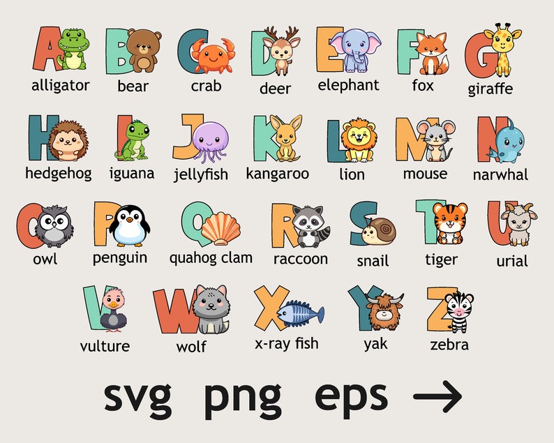 Animals Alphabet Bundle - Cute Animals PNG & SVG Clipart - Animal ...