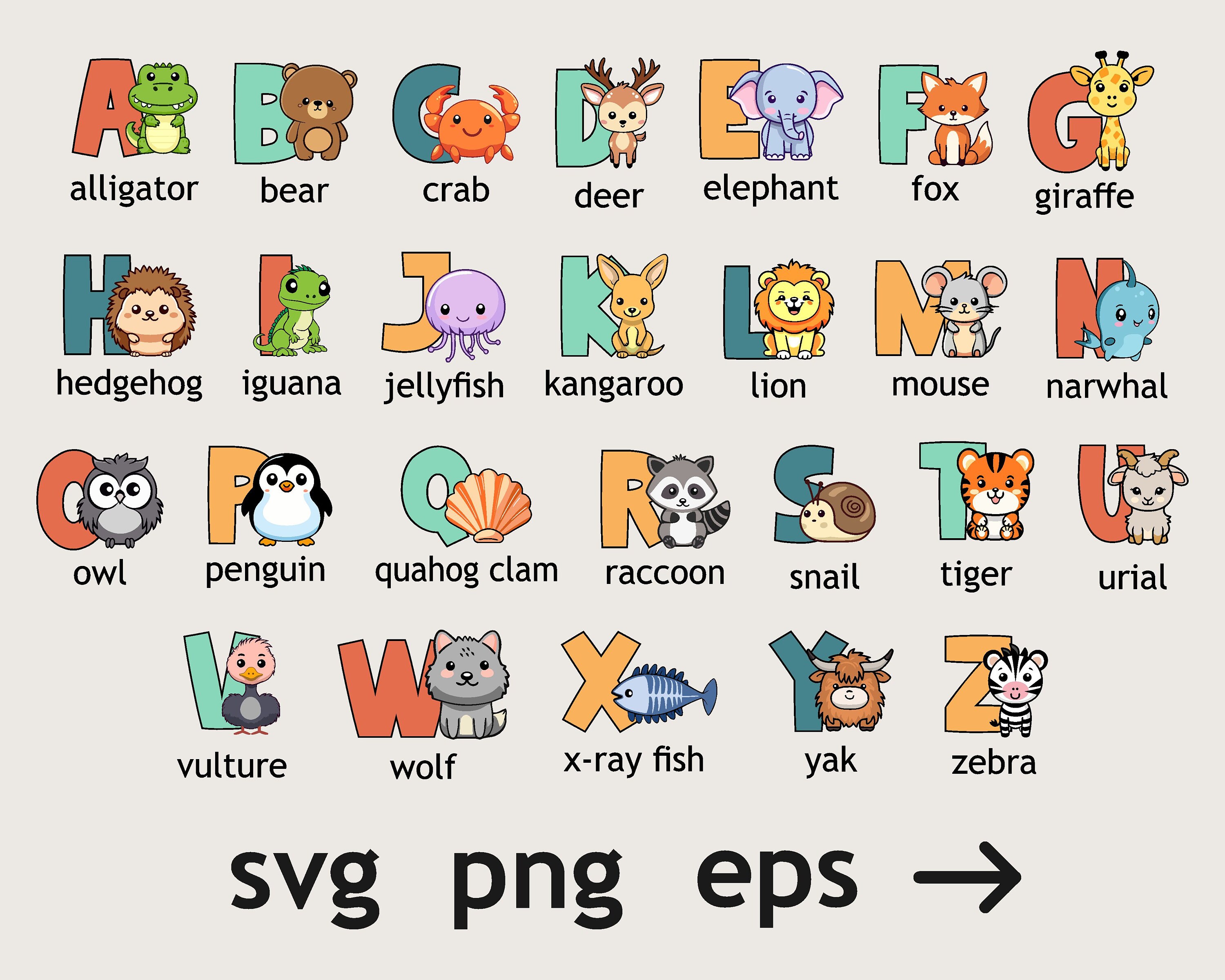Animals Alphabet Bundle - Cute Animals PNG & SVG Clipart - Animal ...