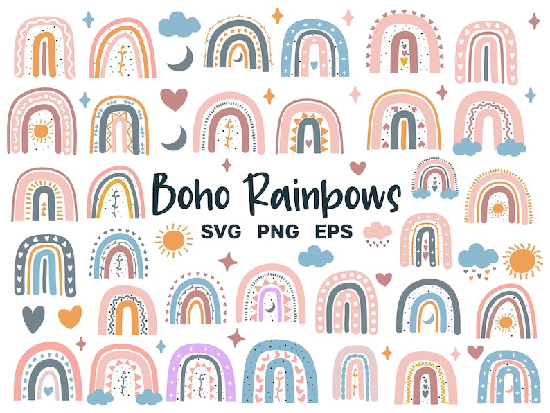 Boho Rainbow SVG PNG Clipart Cute Rainbows With Hearts Bundle Vector ...