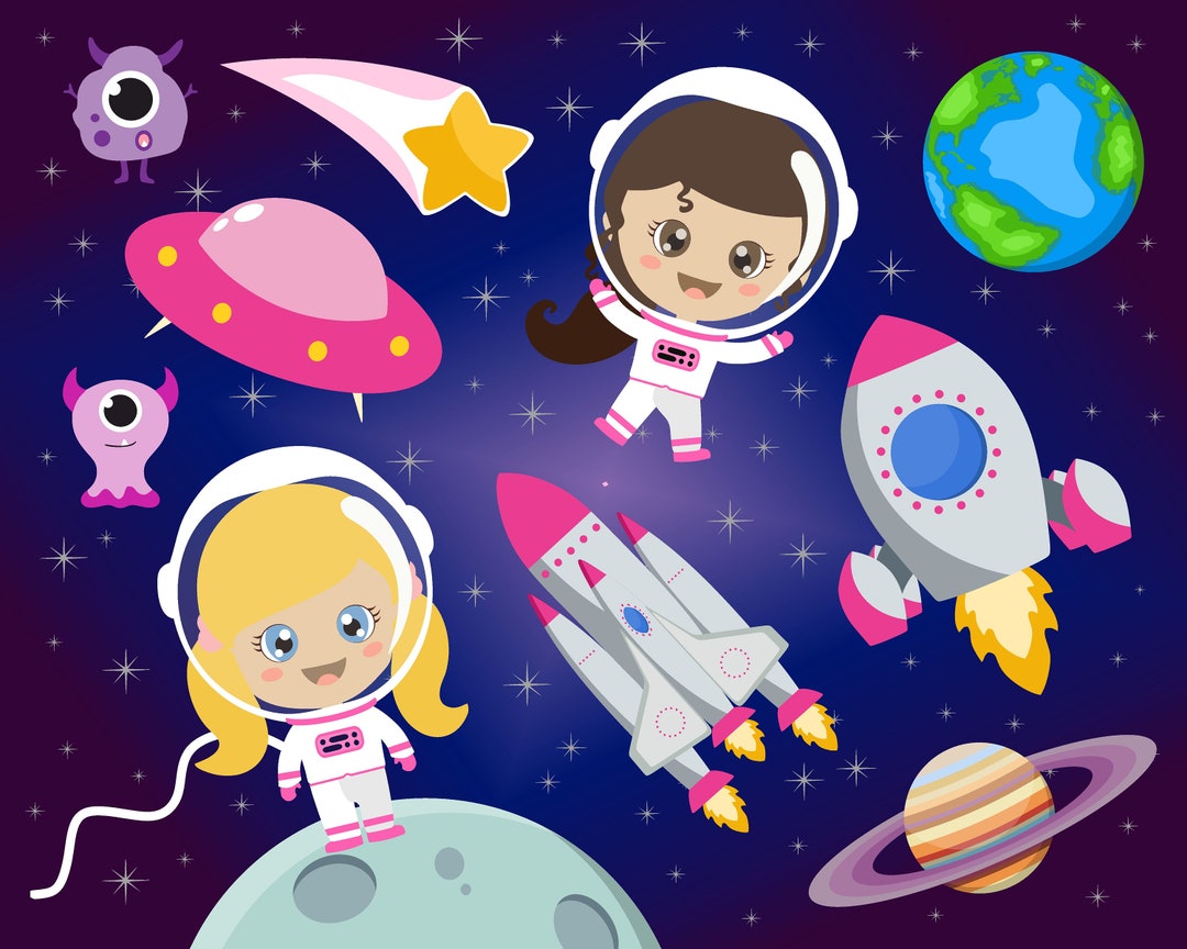 Kids in Space SVG Clipart - Astronaut Girls - Galaxy Clipart - Planets ...
