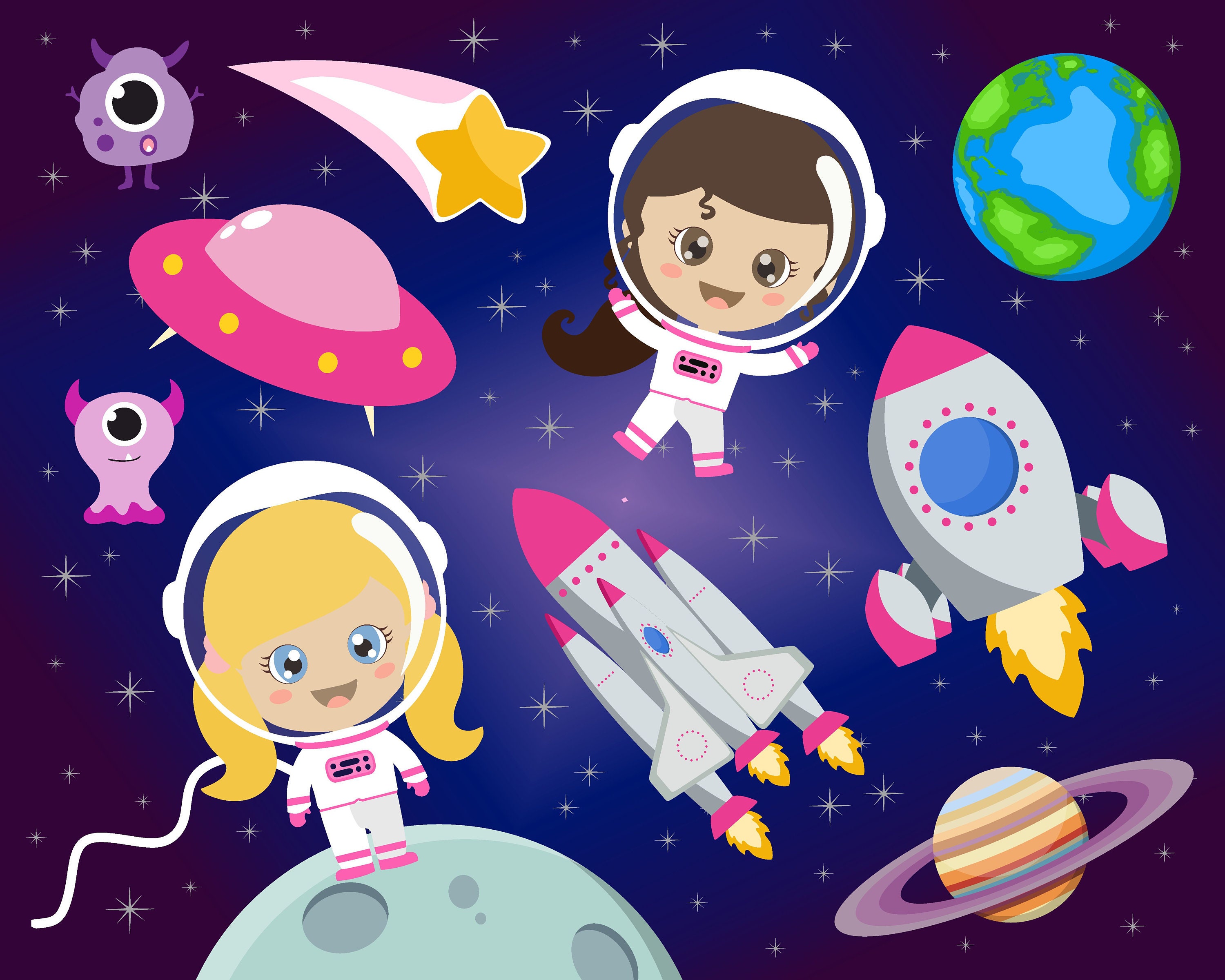 Kids in Space SVG Clipart Astronaut Girls Galaxy Clipart Planets PNG ...