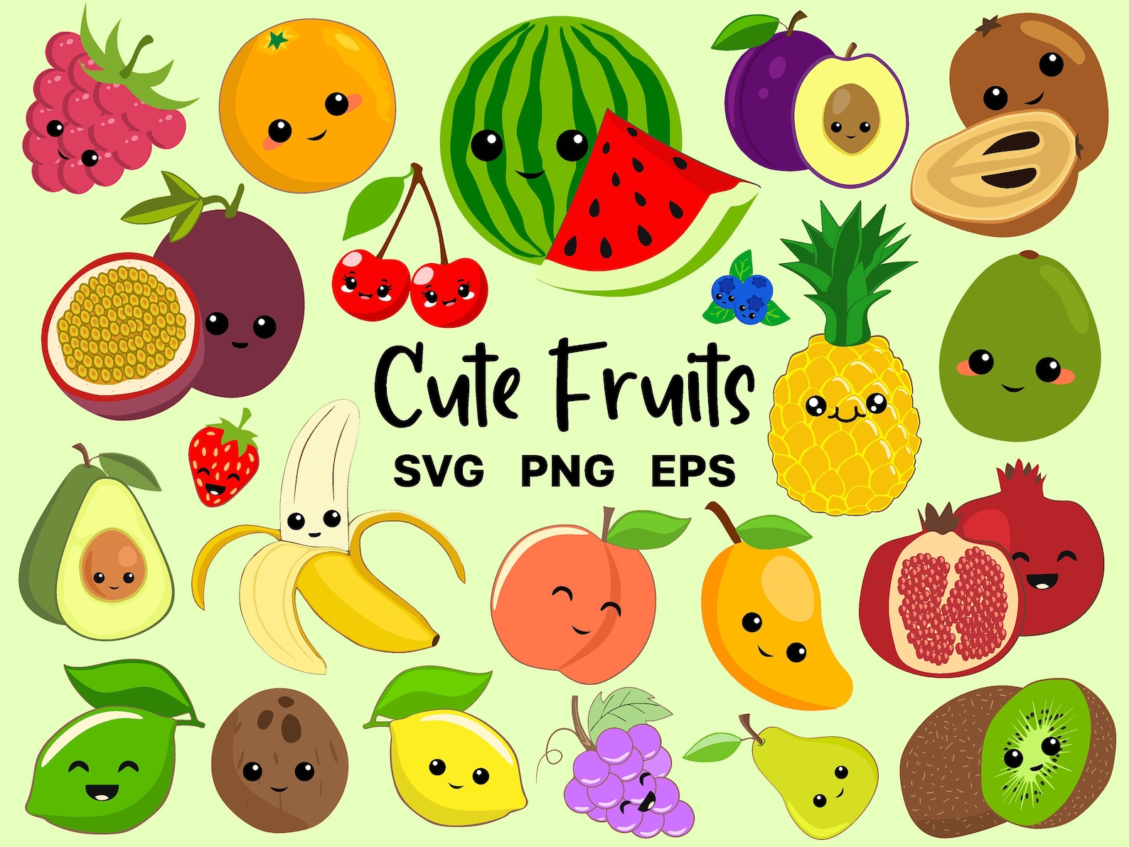 Cute Fruits SVG Clipart Kawaii Fruits PNG Bundle Vector Files Decor ...