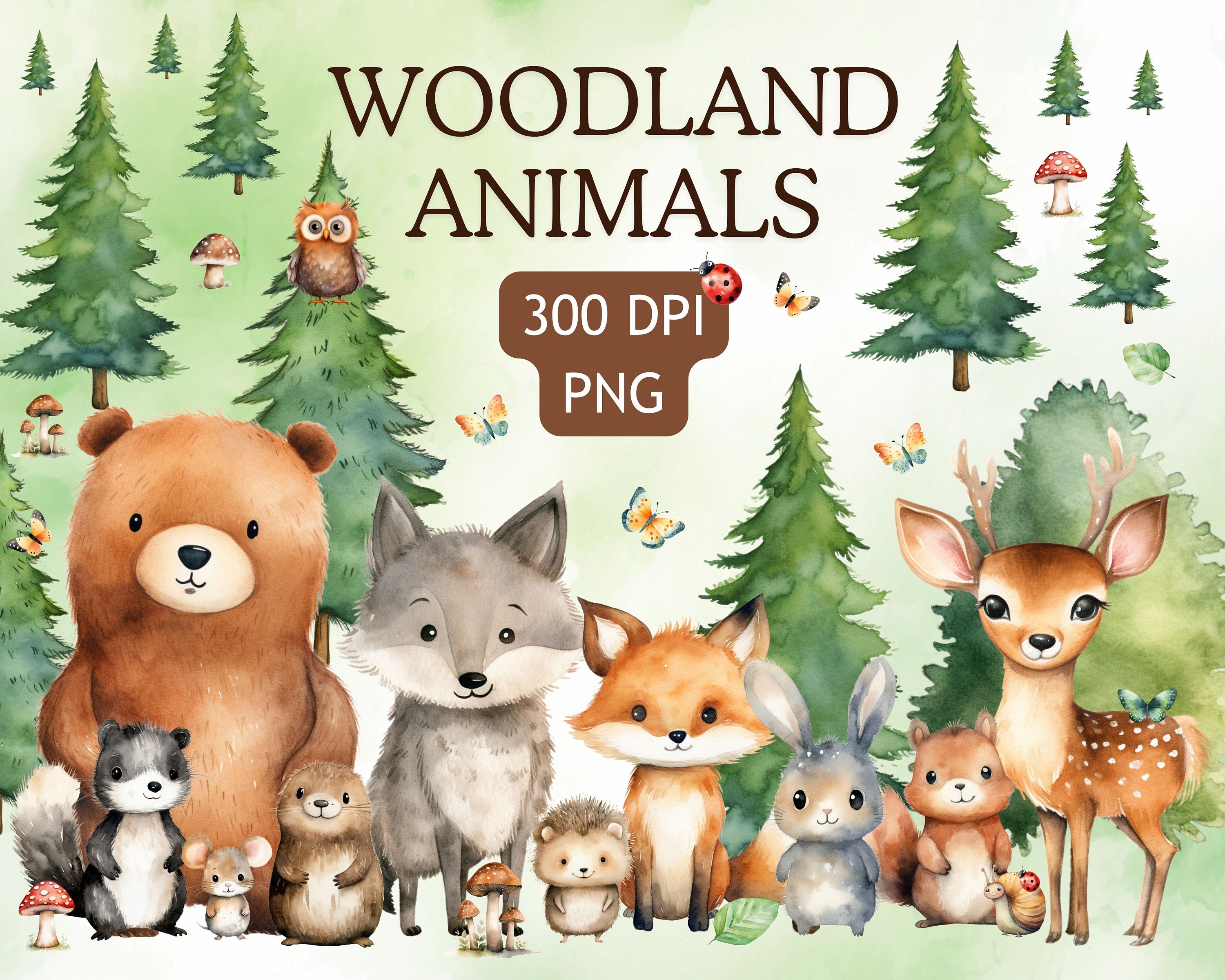 Watercolor Woodland PNG Clipart Transparent Woodland Animals PNG Bundle ...