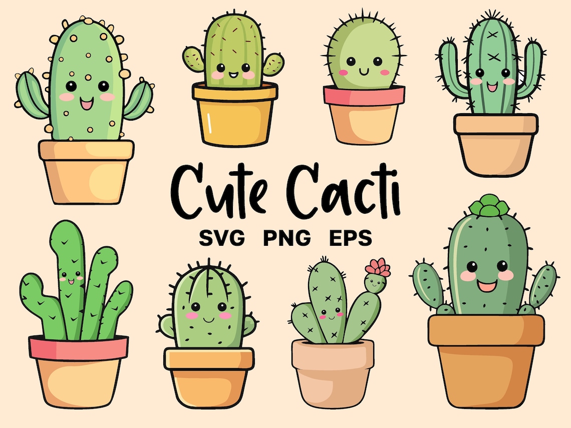 Cute Cactus SVG Clipart Cacti PNG Bundle Kawaii Cactus - Etsy