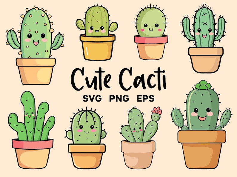 Cute Cactus SVG Clipart Cacti PNG Bundle Kawaii Cactus - Etsy
