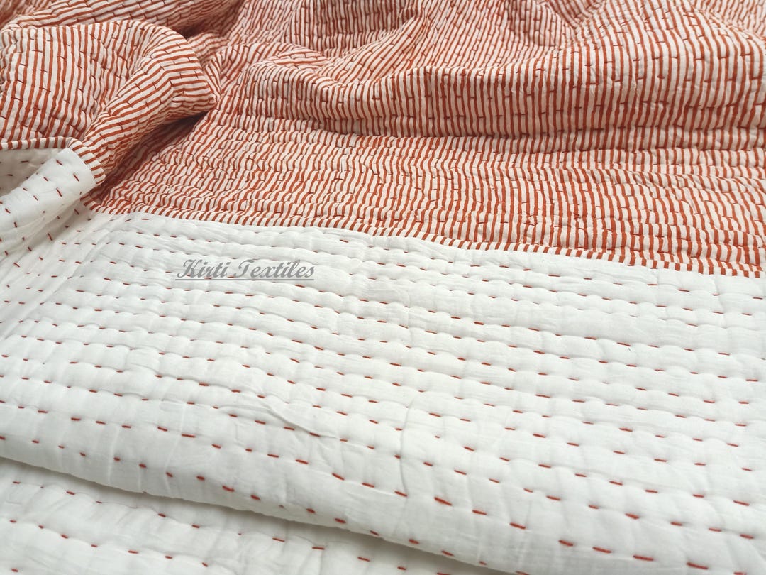 Red Striped Block Printed Cotton Kantha Quilt, Reversible Indian ...