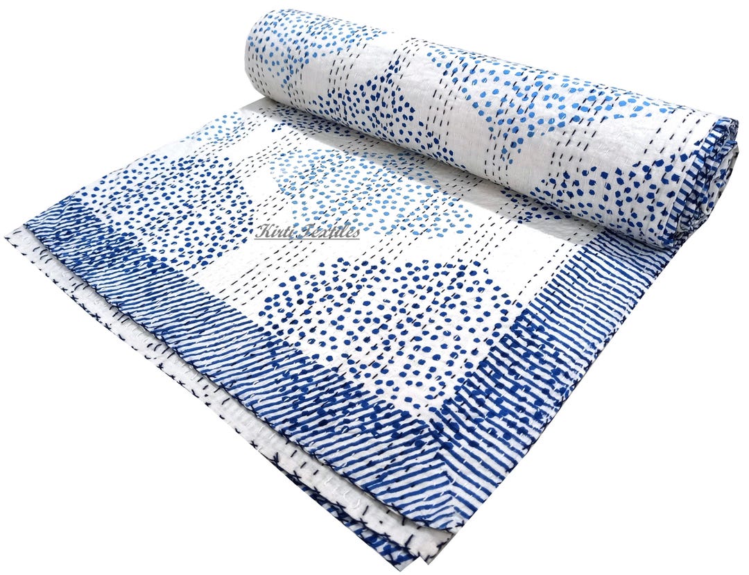 Queen Size Polka Dot Block Print Kantha Throw, Handmade Reversible ...