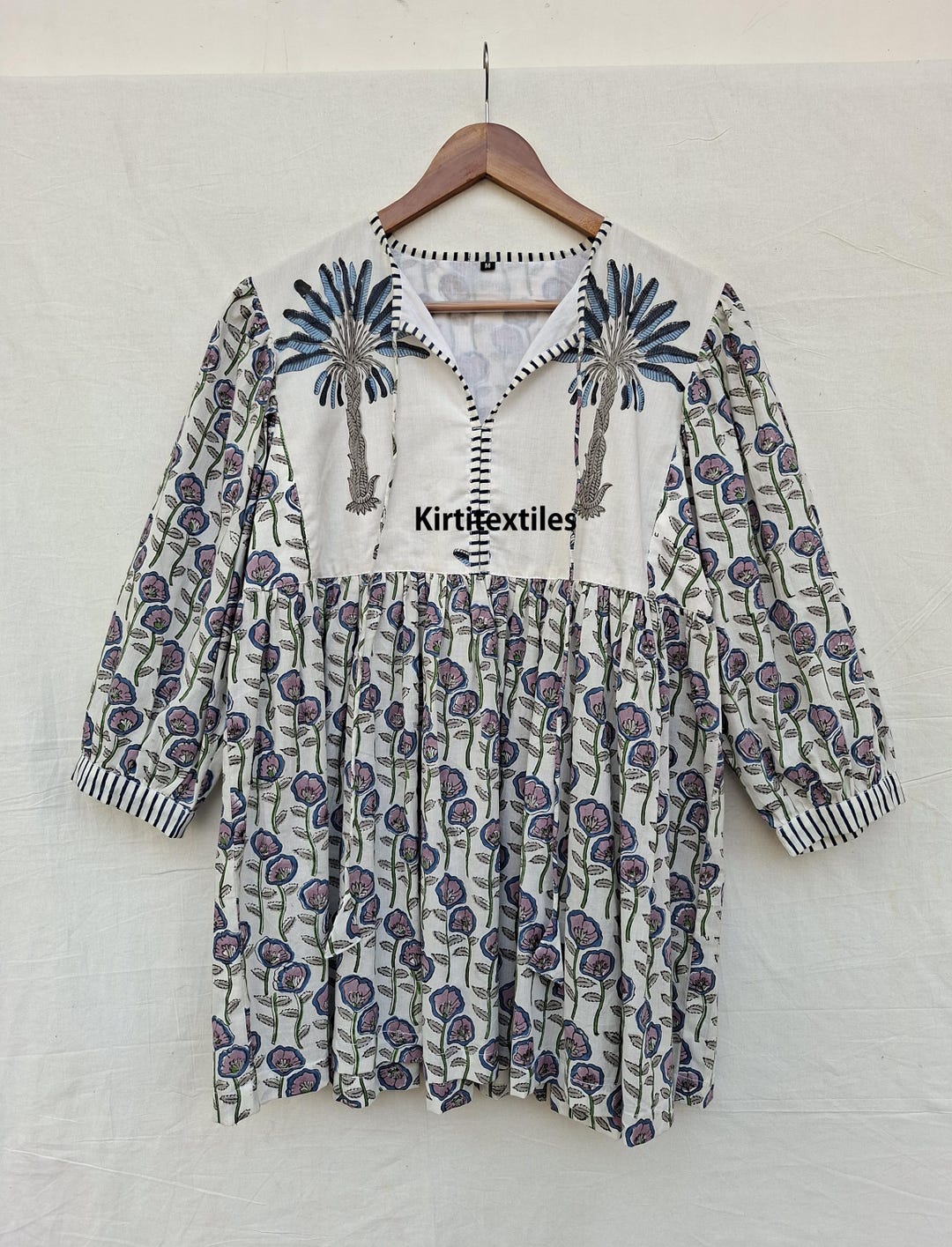 Handmade Block Print Mini Dress, Floral Print Soft Cotton Gown for ...