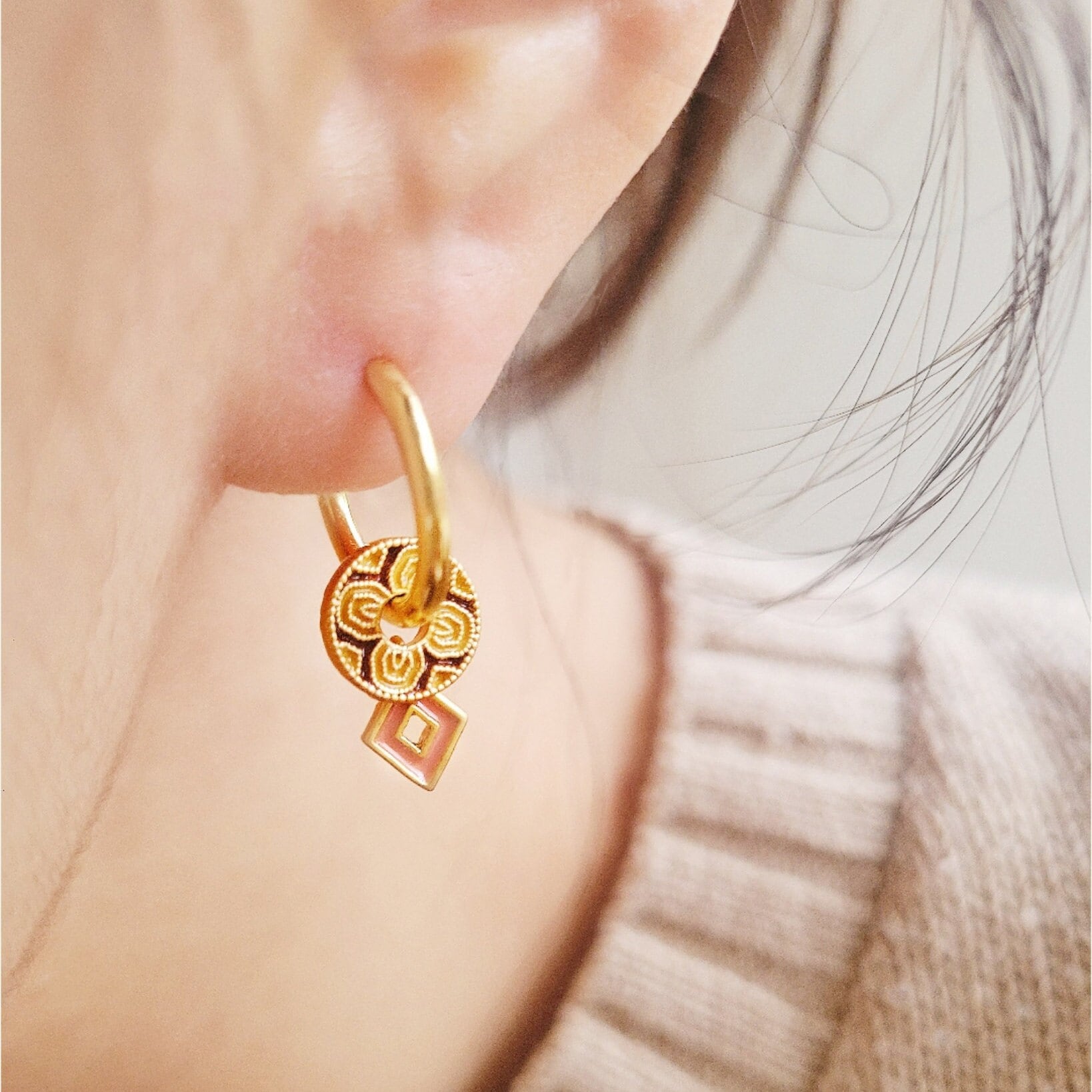 Enamel Disc Hoop Earrings 18ct Gold Plated Over 925 Sterling Silver and ...