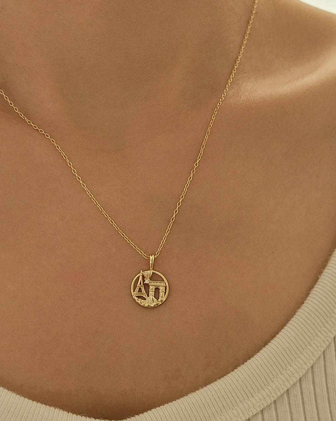 Paris Skyline Pendant Necklace | 18k Gold Plated Sterling Silver Eiffel ...
