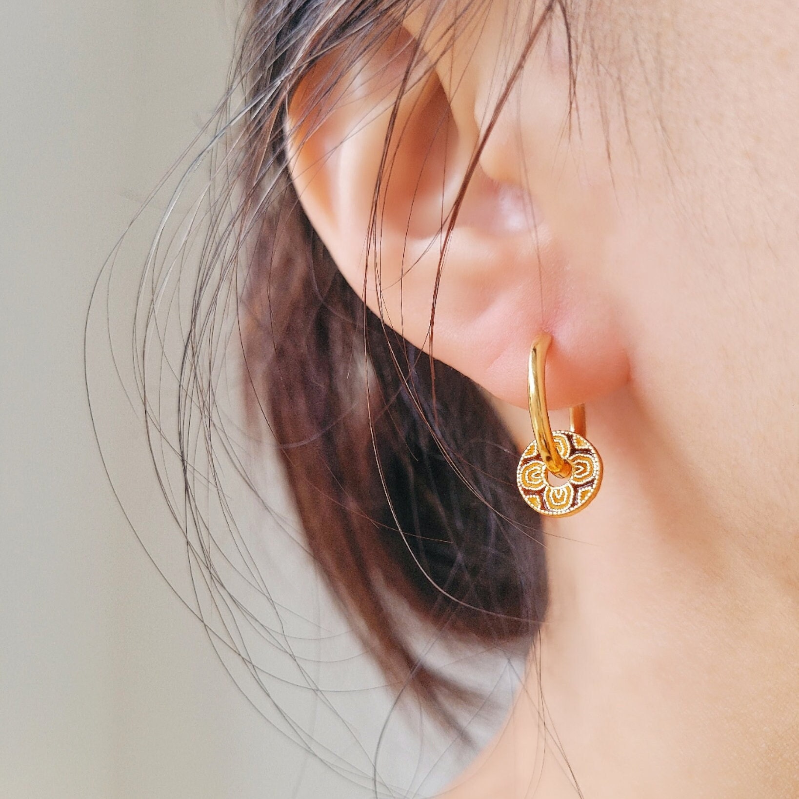 Enamel Disc Hoop Earrings 18ct Gold Plated Over 925 Sterling Silver and ...