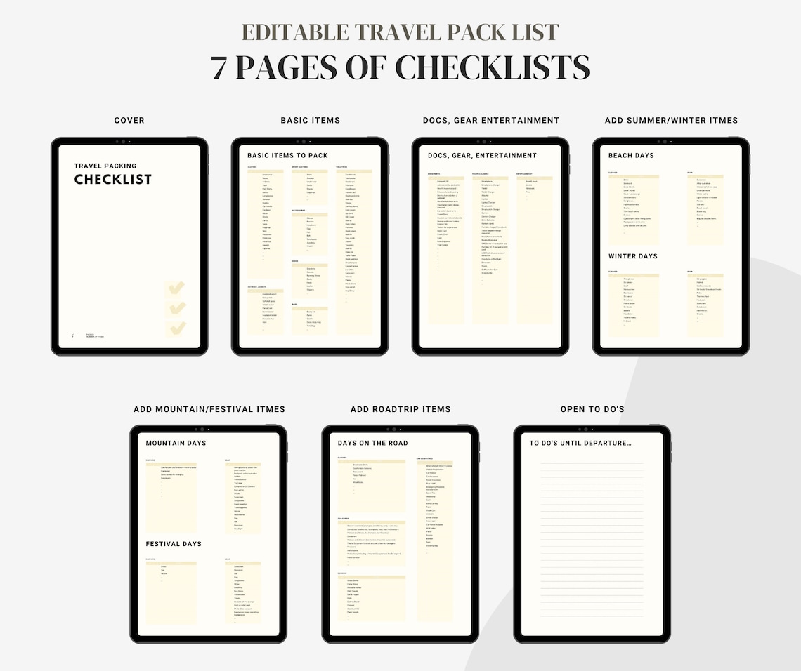 Editable Travel Packing List Template Printable PDF Checklist Planner ...