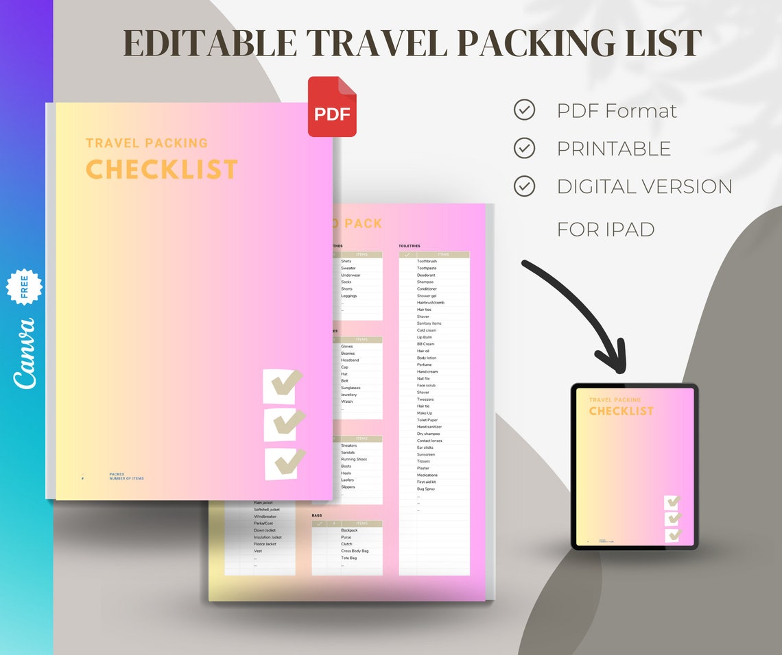Editable Travel Packing List Template Printable PDF Checklist Planner ...
