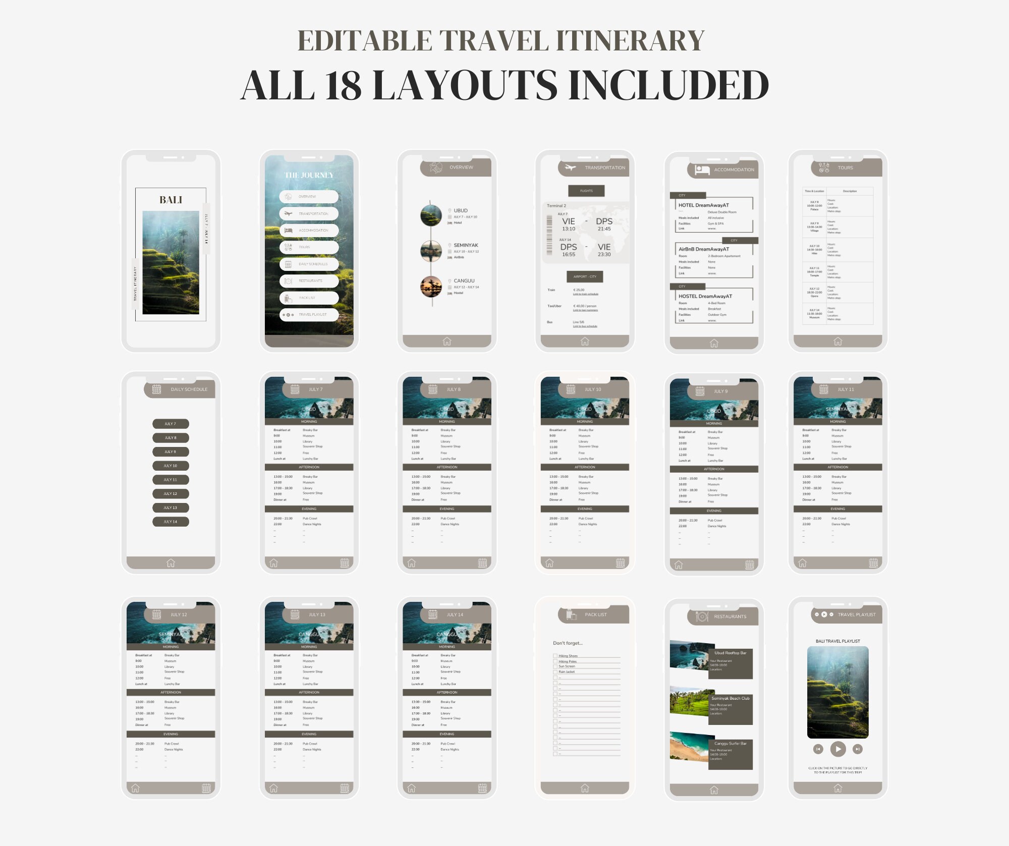 Bali Travel Itinerary Template With Packing Checklist (canva PDF) - Etsy