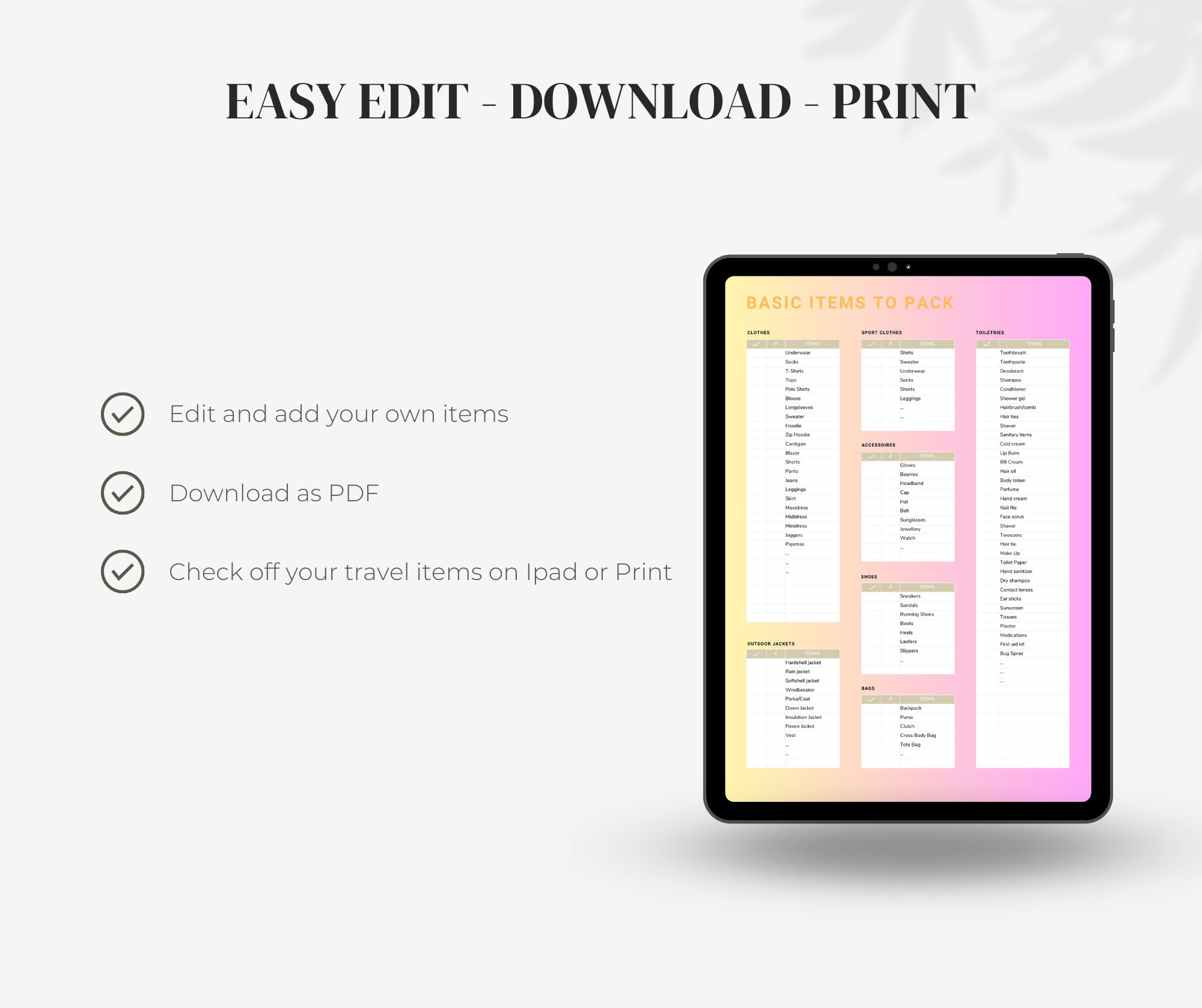 Editable Travel Packing List Template, Printable Checklist (PDF) - Etsy ...