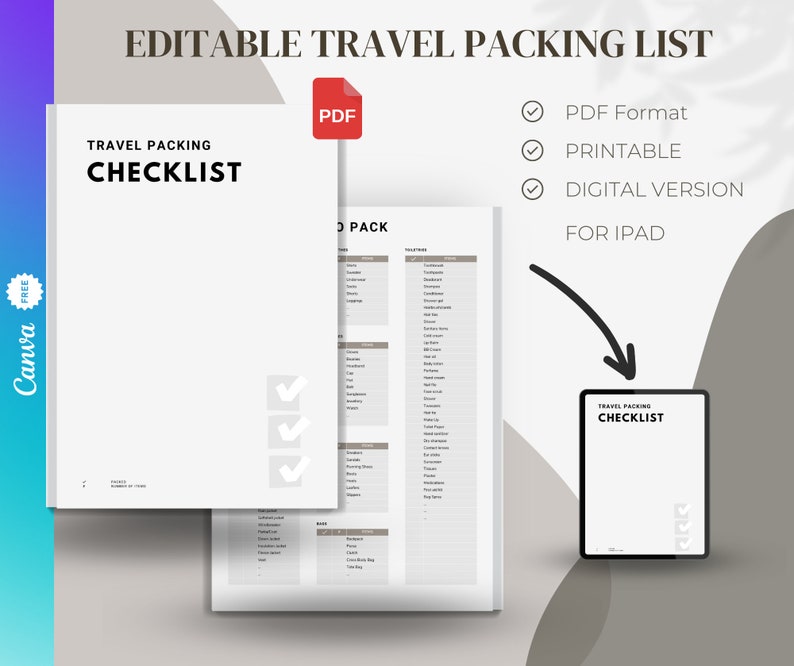 Editable Travel Packing List Template Printable PDF Checklist Planner ...