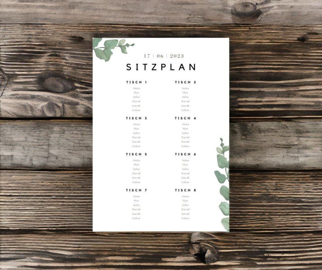 Hochzeit Sitzplan Vorlage Hochzeitstische Moderne Eukalyptus Hochzeit ...