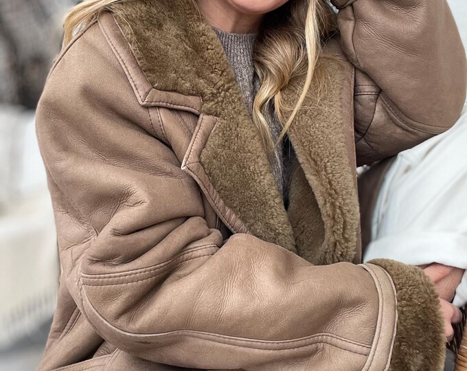 Shearling Coat Vintage Long Jacket 100% Real Natural Sheepskin Button Brown Taupe Beige ...