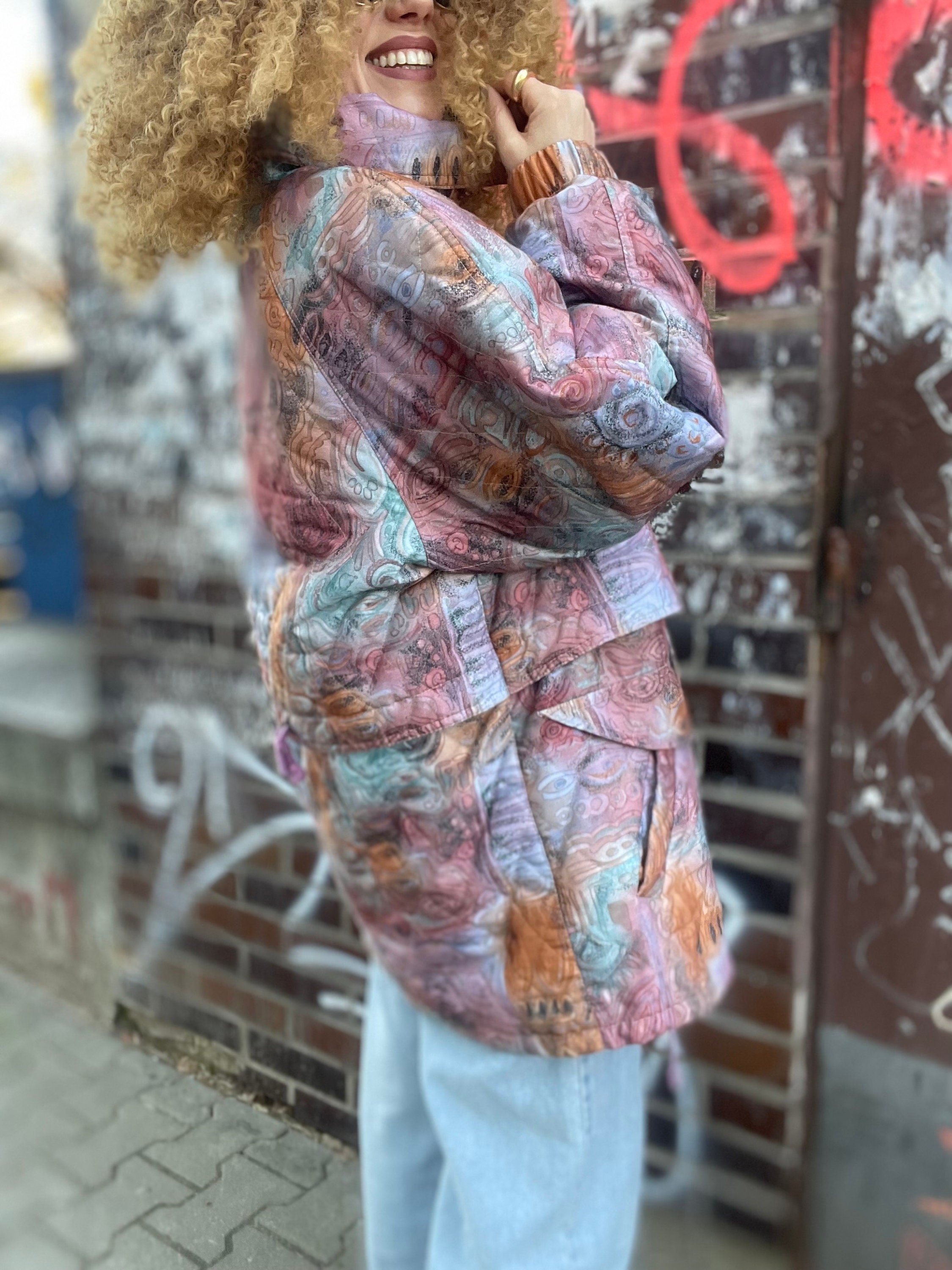 Unique Multicolour Long Vintage Jacket Coat Nylon Overcoat Oversize ...