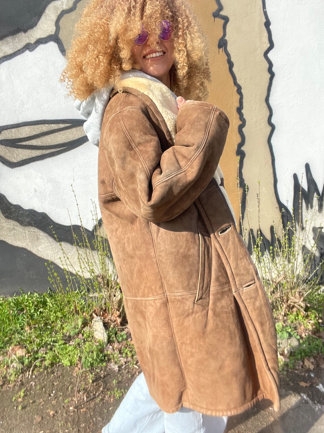 Shearling Coat Vintage Long Jacket 100% Real Natural Sheepskin Button Brown Size M L XL ...