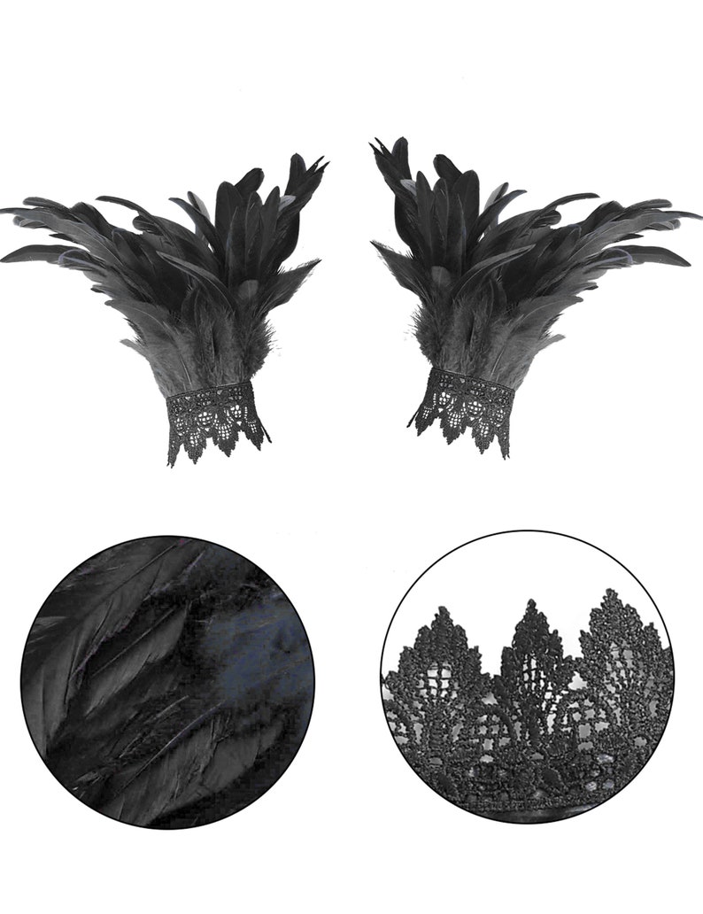 2 Pcs Gothic Lace Feather Gloves Wrist Cuffs Feather Fingerless Elbow ...
