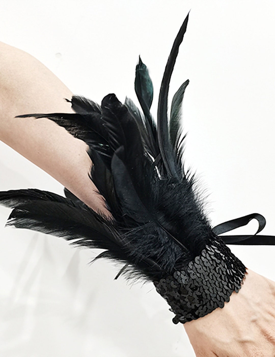2 Pcs Gothic Women's Lace Feather Gloves Feather Wrist Cuffs Feather ...