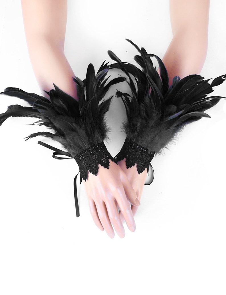 2 Pcs Gothic Lace Feather Gloves Wrist Cuffs Feather Fingerless Elbow ...