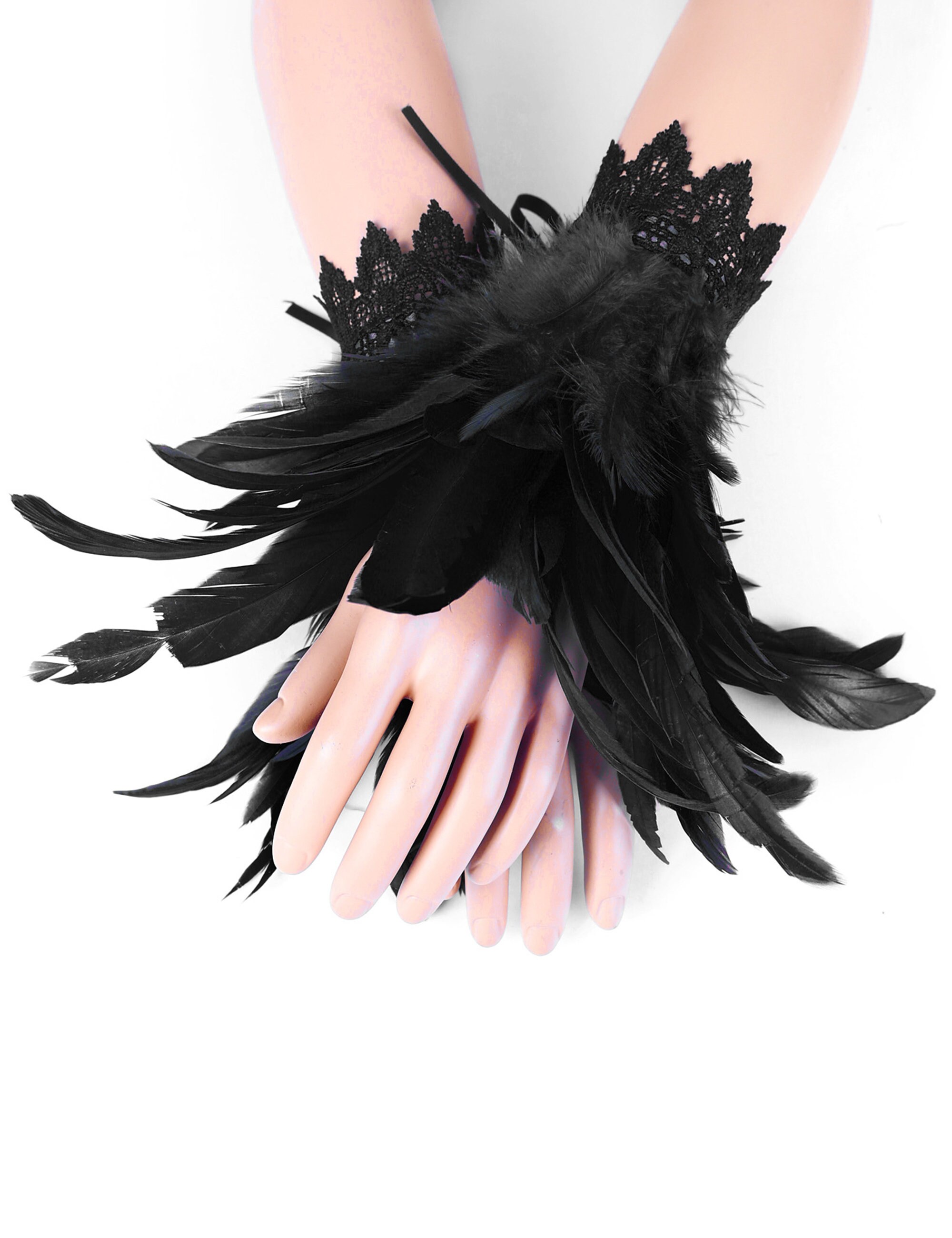 2 Pcs Gothic Lace Feather Gloves Wrist Cuffs Feather Fingerless Elbow ...