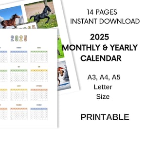 2025 Monthly Calendar Printable, Monthly, Yearly Planner, Horses Wall ...