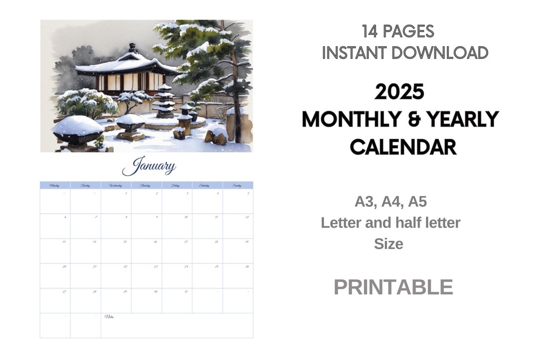 2025 Zen Garden Monthly Planner Elegant Calendar, Monday Start A3, A4 ...