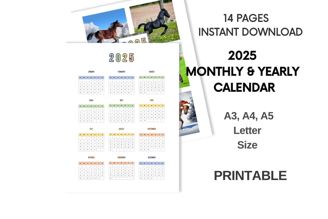2025 Monthly Calendar Printable, Monthly, Yearly Planner, Horses Wall ...