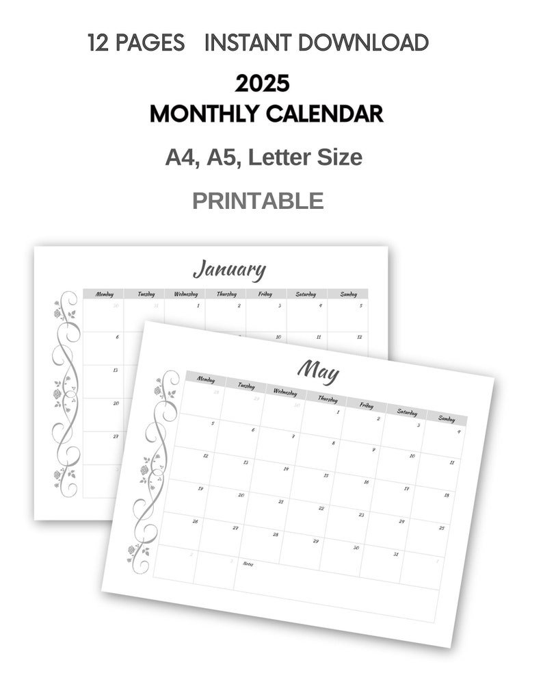 2025 Simple Monthly Planner Elegant Calendar, Monday Start A4, A5 and ...