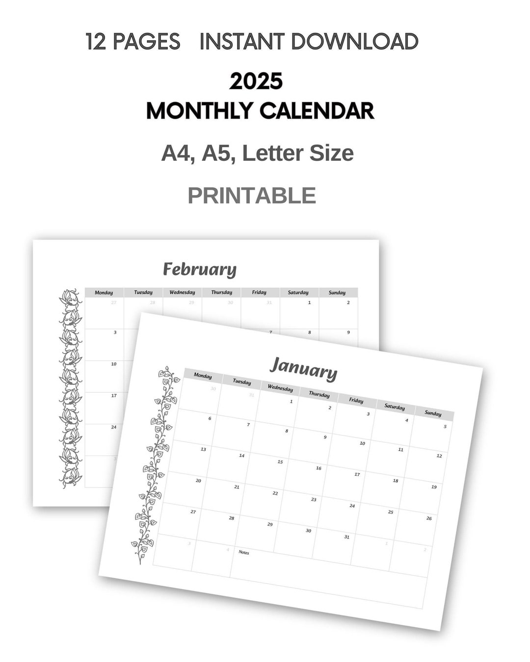 2025 Floral Border Monthly Planner Elegant Calendar, Monday Start A4 ...