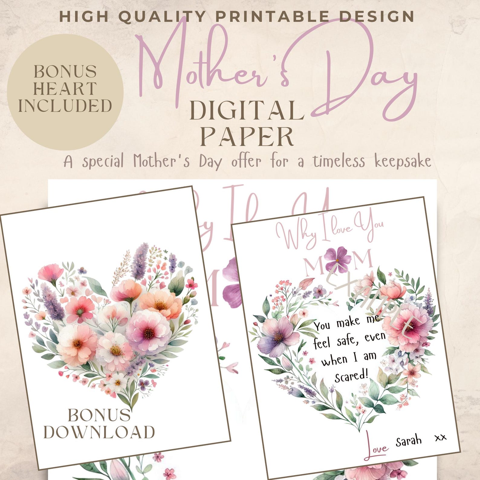 Mother's Day Printable: Floral Heart Keepsake (digital Download) - Etsy
