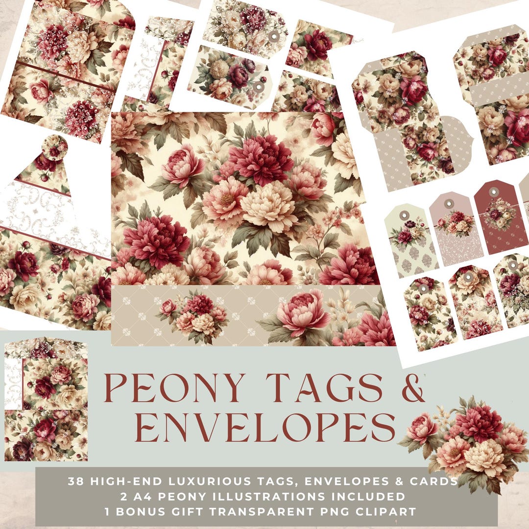 Vintage Peony Tags & Envelopes Set – Printable Floral Stationery PDF ...