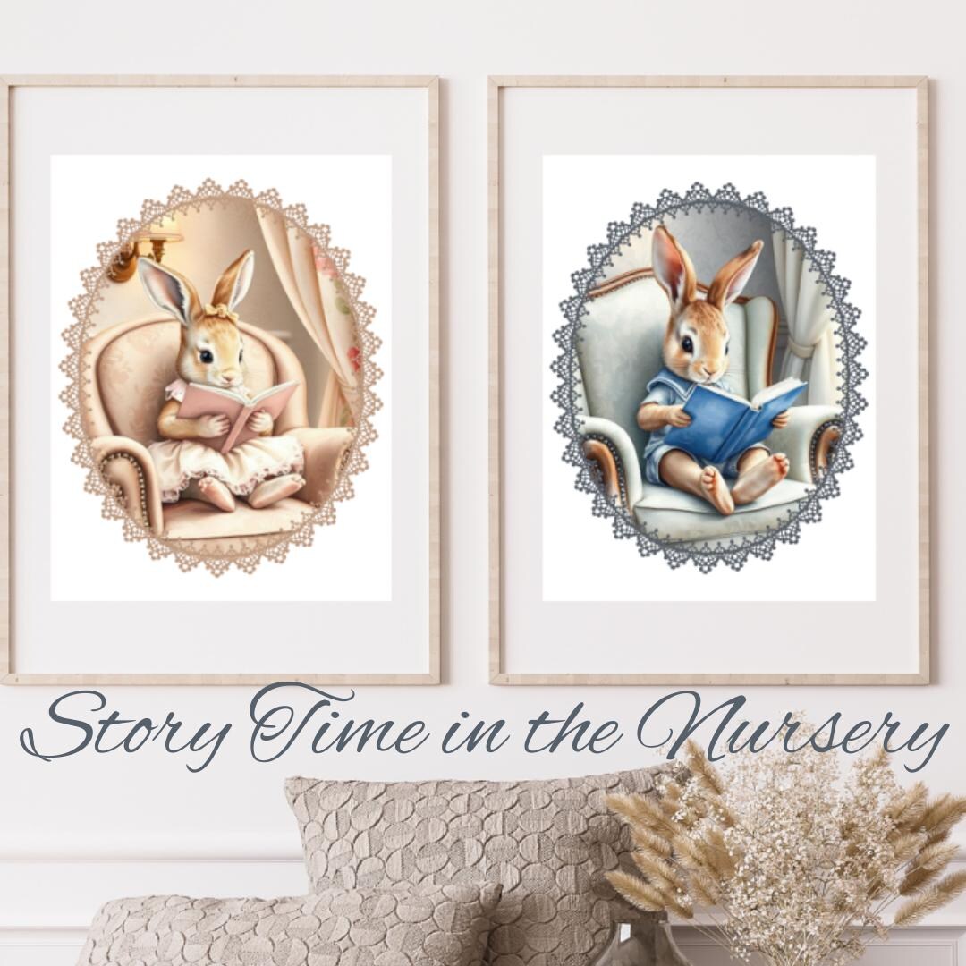 Vintage Bunny Nursery Art: Boy and Girl Rabbits (PDF/PNG Digital ...
