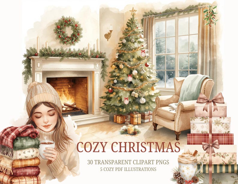 Cozy Christmas Clipart | 30 PNG Transparent Clipart | 5 Watercolor ...