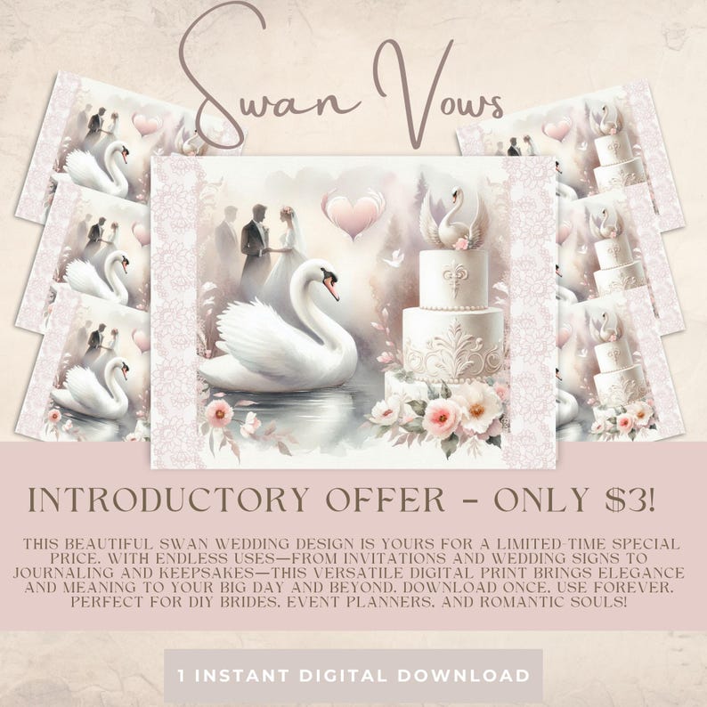 Wedding Swan Digital Paper - Elegant Swan Printable – Wedding Wall Art ...