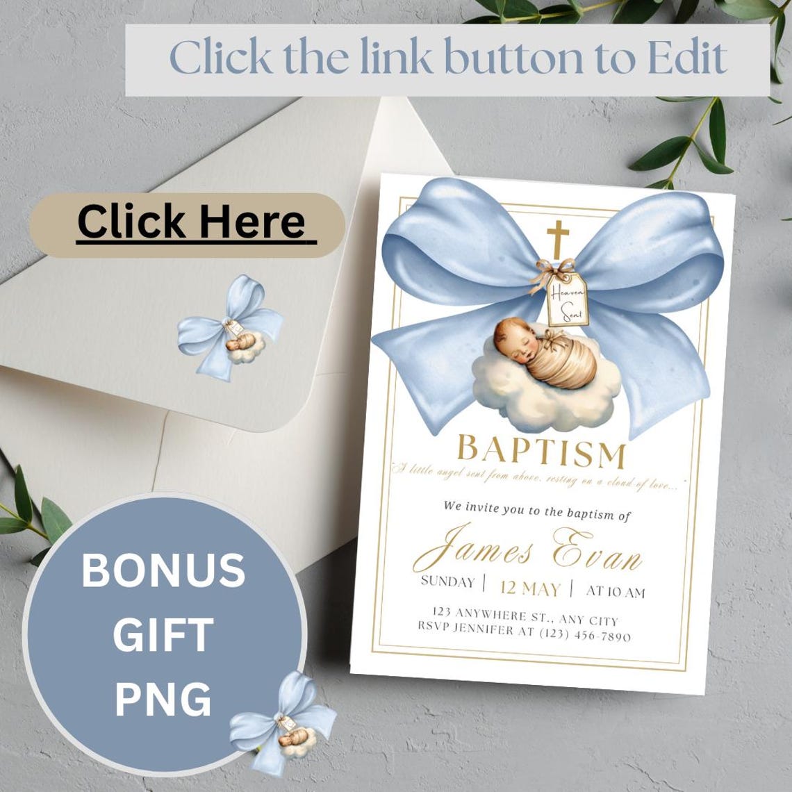 Editable Invite | Printable Invite | Baby Boy Invite Baptism | Blue ...