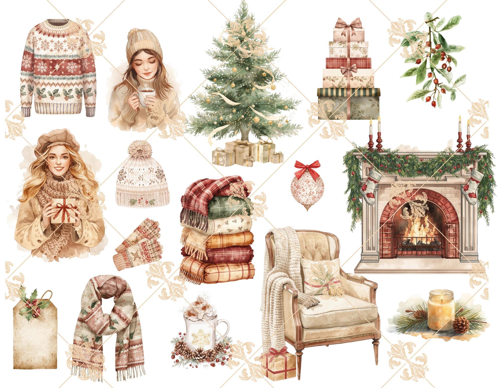 Cozy Christmas Clipart | 30 PNG Transparent Clipart | 5 Watercolor ...
