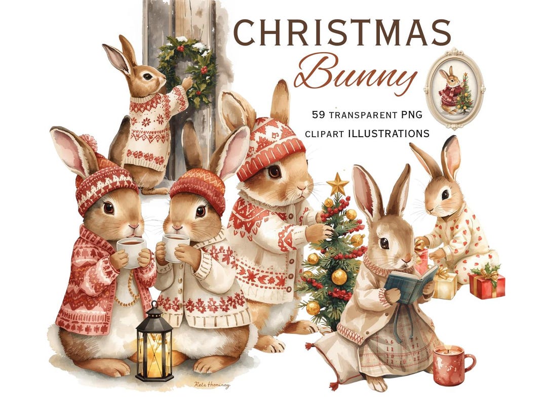 Christmas Bunny Clipart Set – 59 Cozy Winter Bunny Illustrations ...