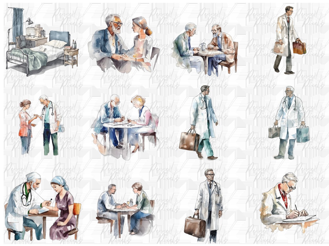 28 Doctors Watercolor Clipart PNG Set, Hospital Themed Clipart With ...