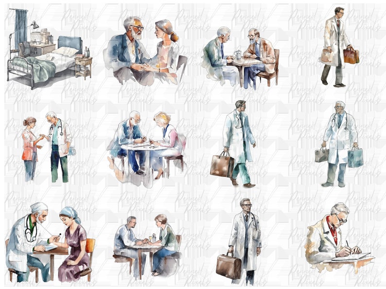 28 Doctors Watercolor Clipart PNG Set, Hospital Themed Clipart With ...