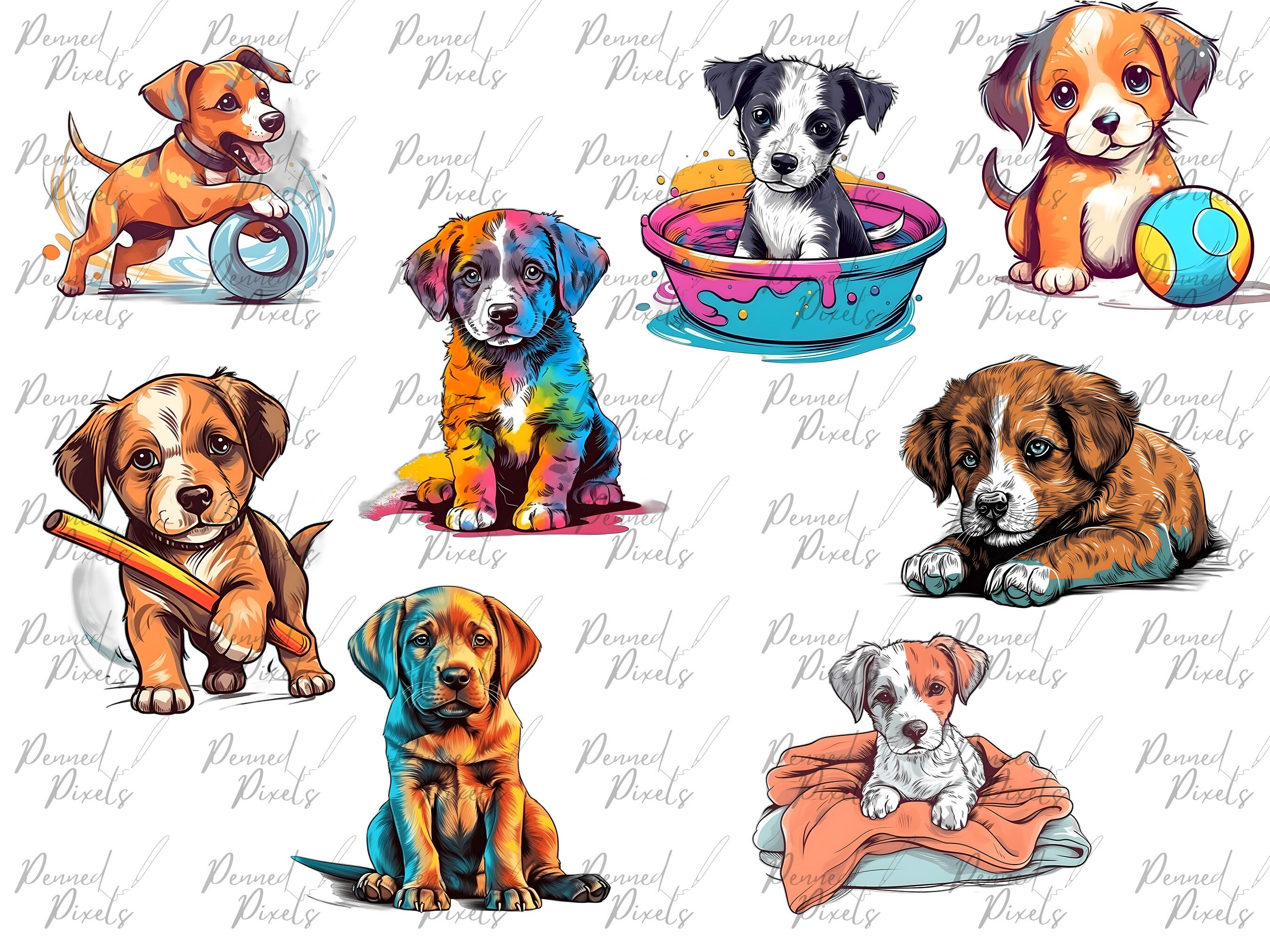 Funky Puppy Clipart, Massive 48 PNG Image Set Colorful Cute Dogs ...