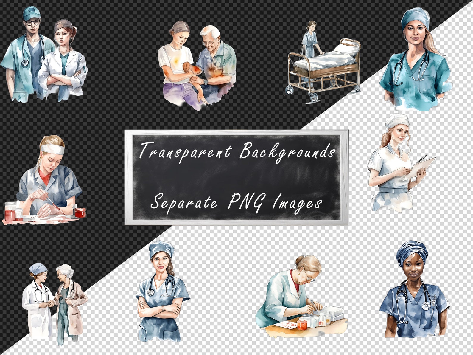 Nurses Watercolor Clipart PNG Set, 26 Colorful Hospital Clipart for ...