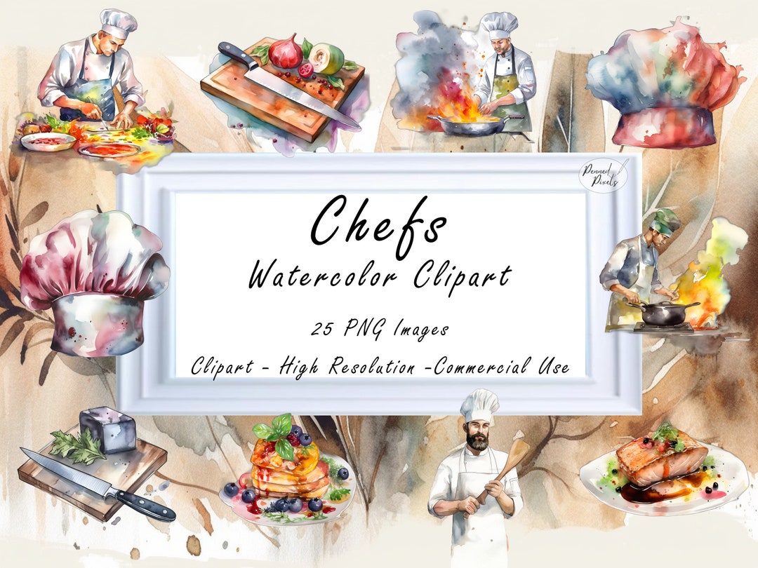Male Chefs Kitchen Watercolor Clipart PNG Set, 25 Colorful Cooking ...
