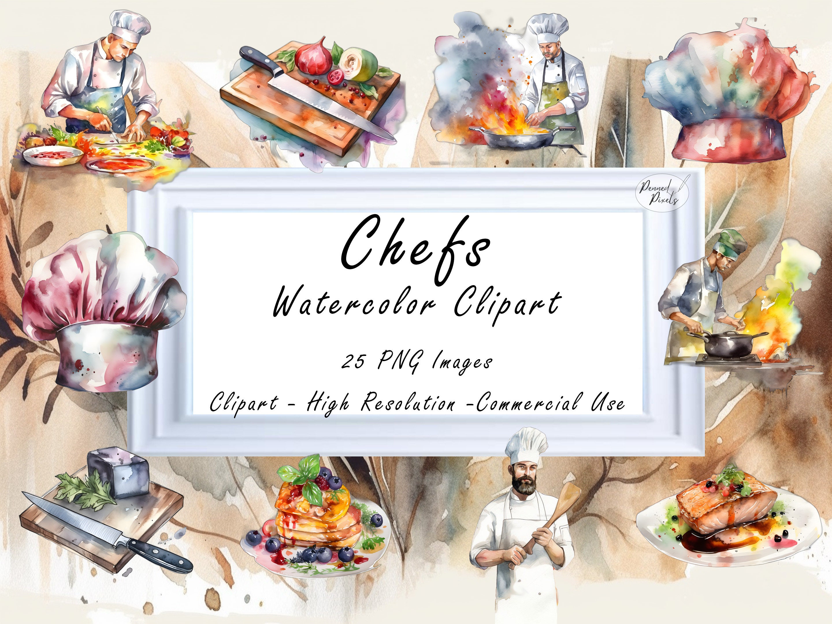 Male Chefs Kitchen Watercolor Clipart PNG Set, 25 Colorful Cooking ...