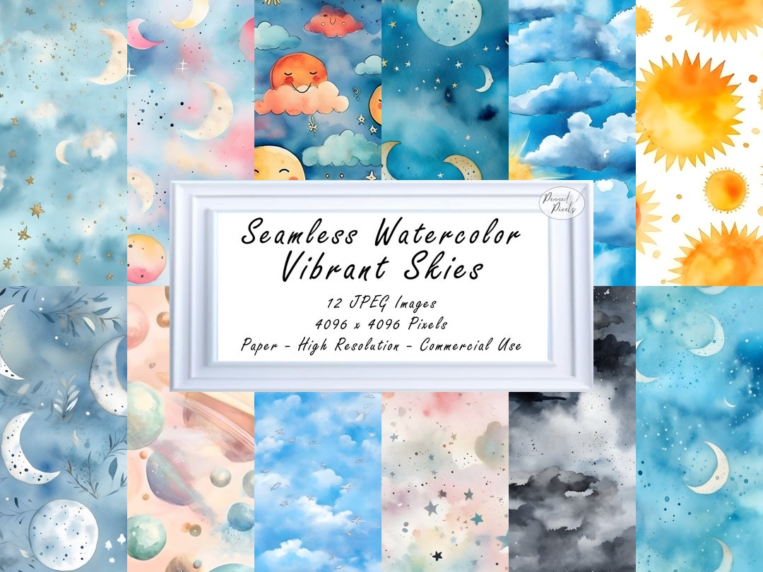 Watercolor Sky Digital Paper – Seamless Stars, Clouds, Planets (digital ...