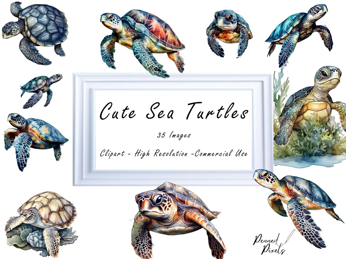 Sea Turtle Clipart, Cute Watercolor Sea Animals PNG Clip Art Graphics ...